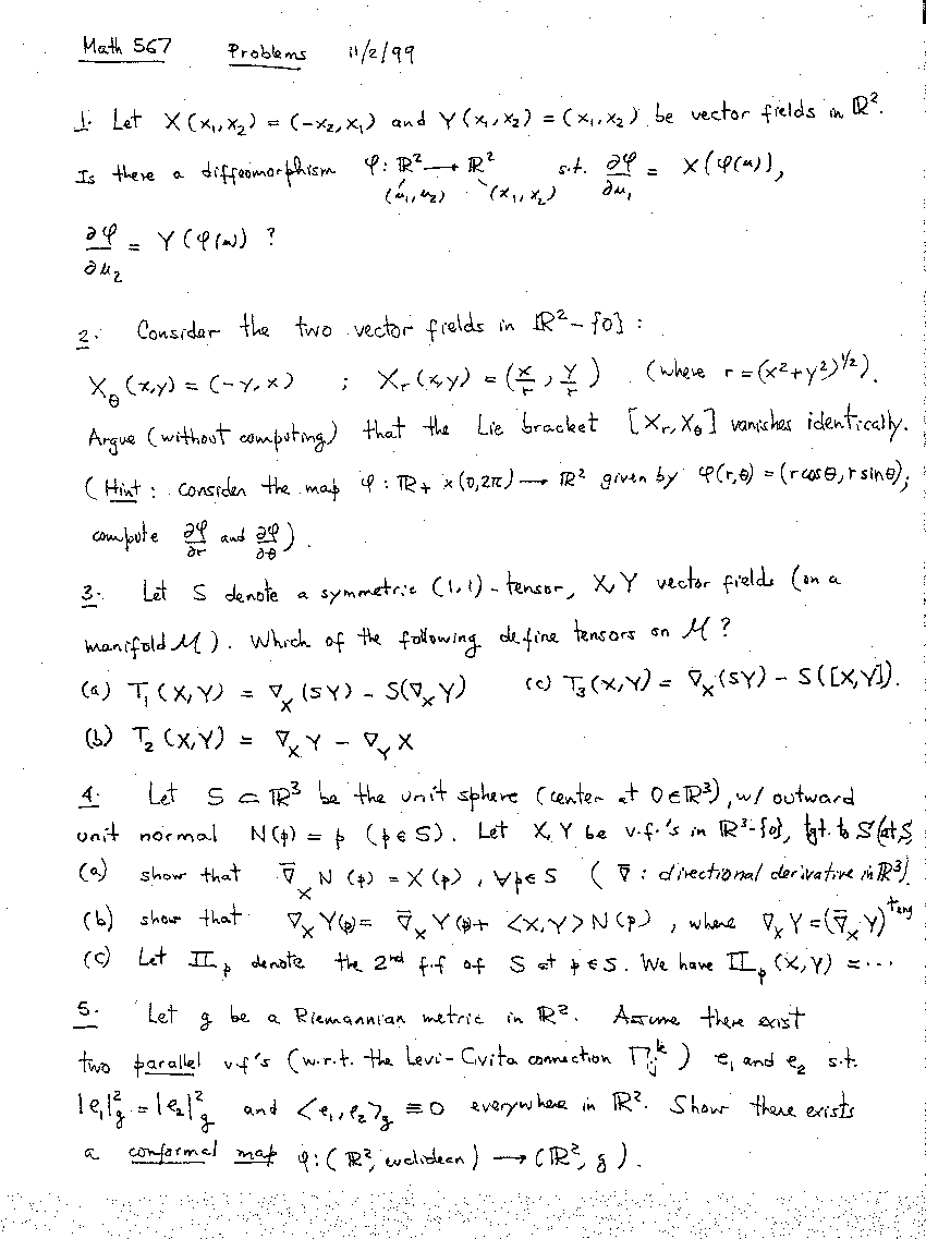 Math 567 Differential Geometry- Fall 1999